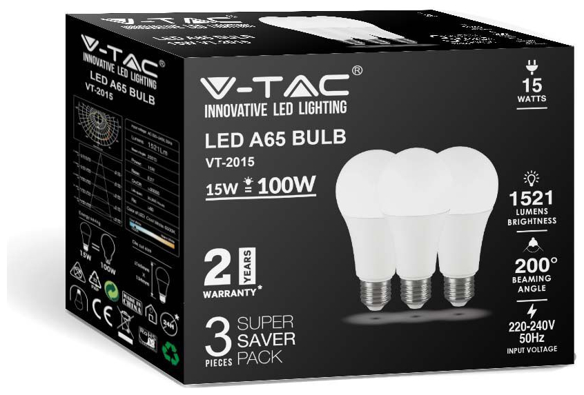 V-TAC Λάμπα LED E27 A65 SMD 15W Θερμό λευκό 3000K Λευκό Blister 3 τμχ ...