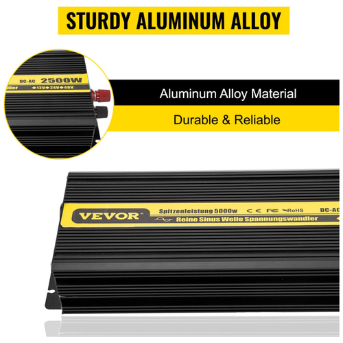 VEVOR Inverter Καθαρού Ημιτόνου 2500W DC 12V AC 230V, με Θύρα USB Οθόνη ...