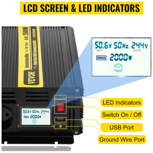 VEVOR Inverter Καθαρού Ημιτόνου 2500W DC 12V AC 230V, με Θύρα USB Οθόνη ...